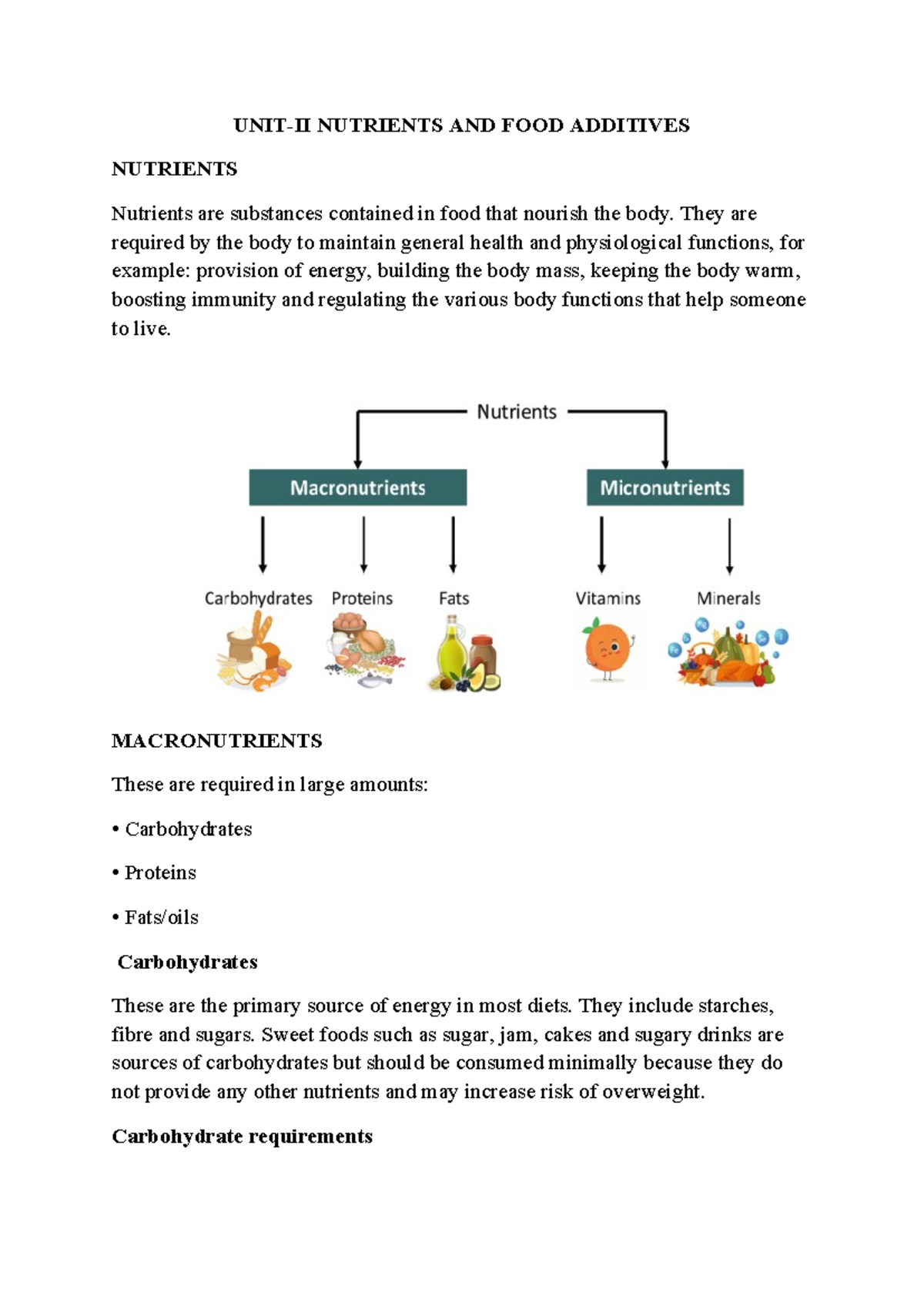 Unit 2 - UNIT-II NUTRIENTS AND FOOD ADDITIVES NUTRIENTS Nutrients are ...