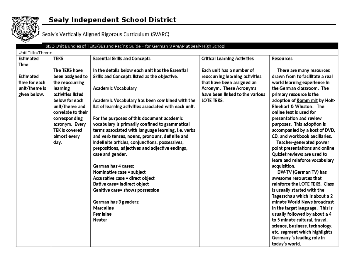 German 3 - SISD Unit Bundles of TEKS - Sealy’s Vertically Aligned ...
