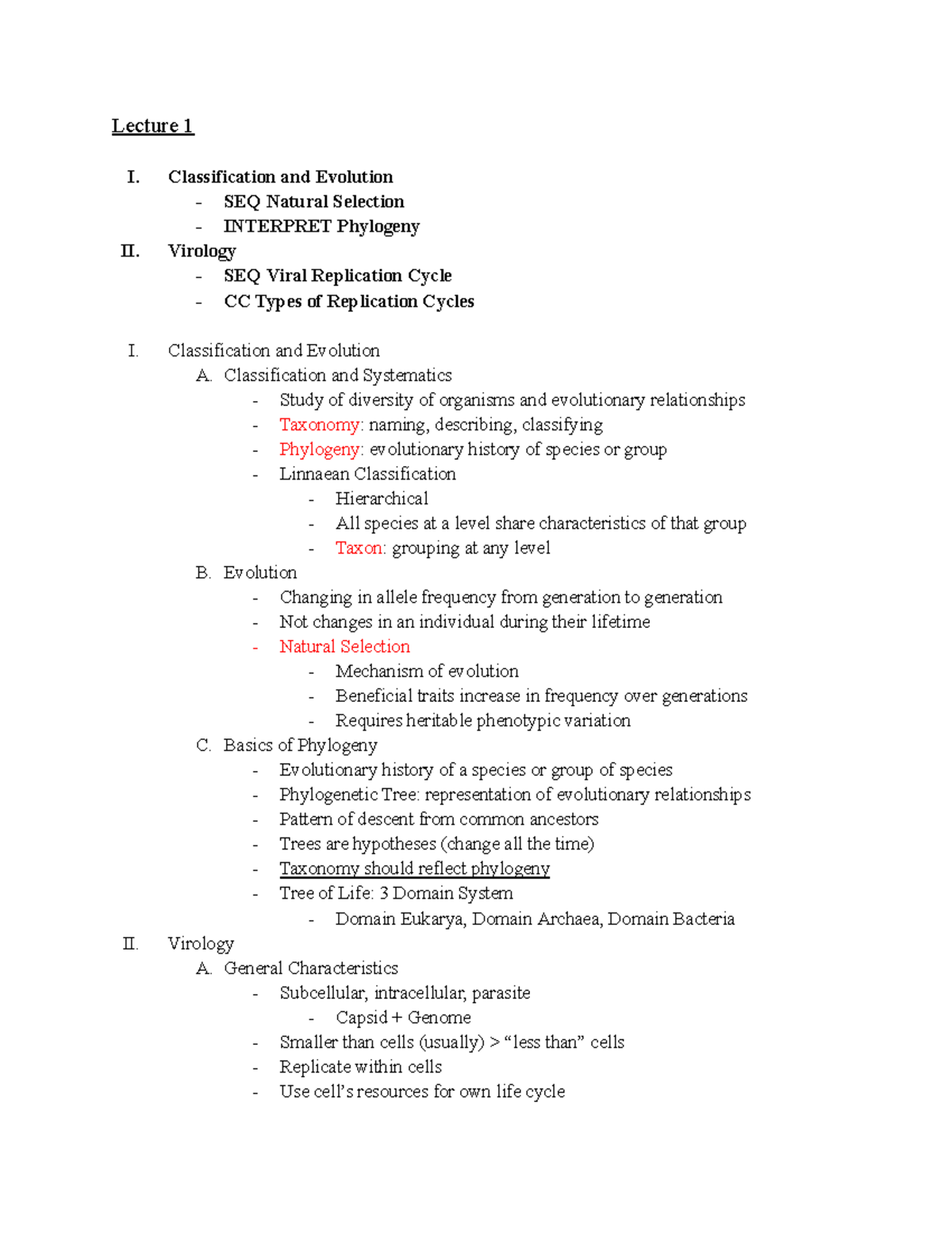 L1 Classification Virology - Lecture 1 I. Classification and Evolution ...