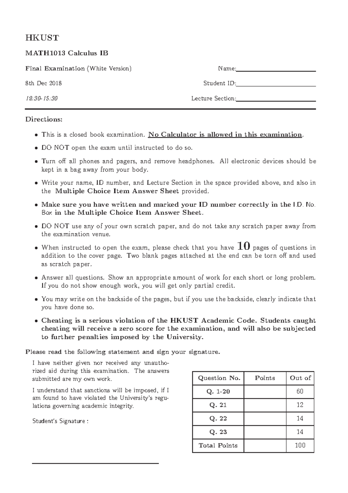 Math1013 final fall 2018 ver white - HKUST MATH1013 Calculus IB Final ...