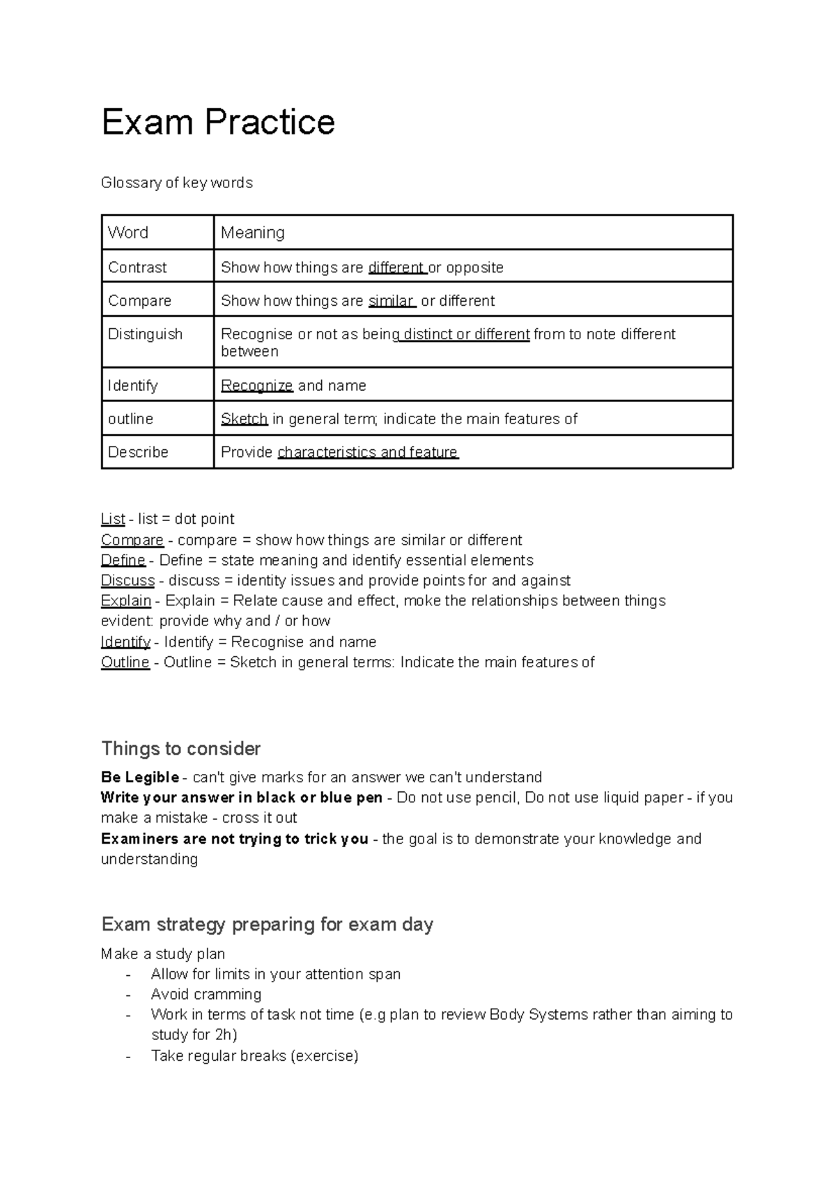 Exam preparation - Exam Practice Glossary of key words Word Meaning ...