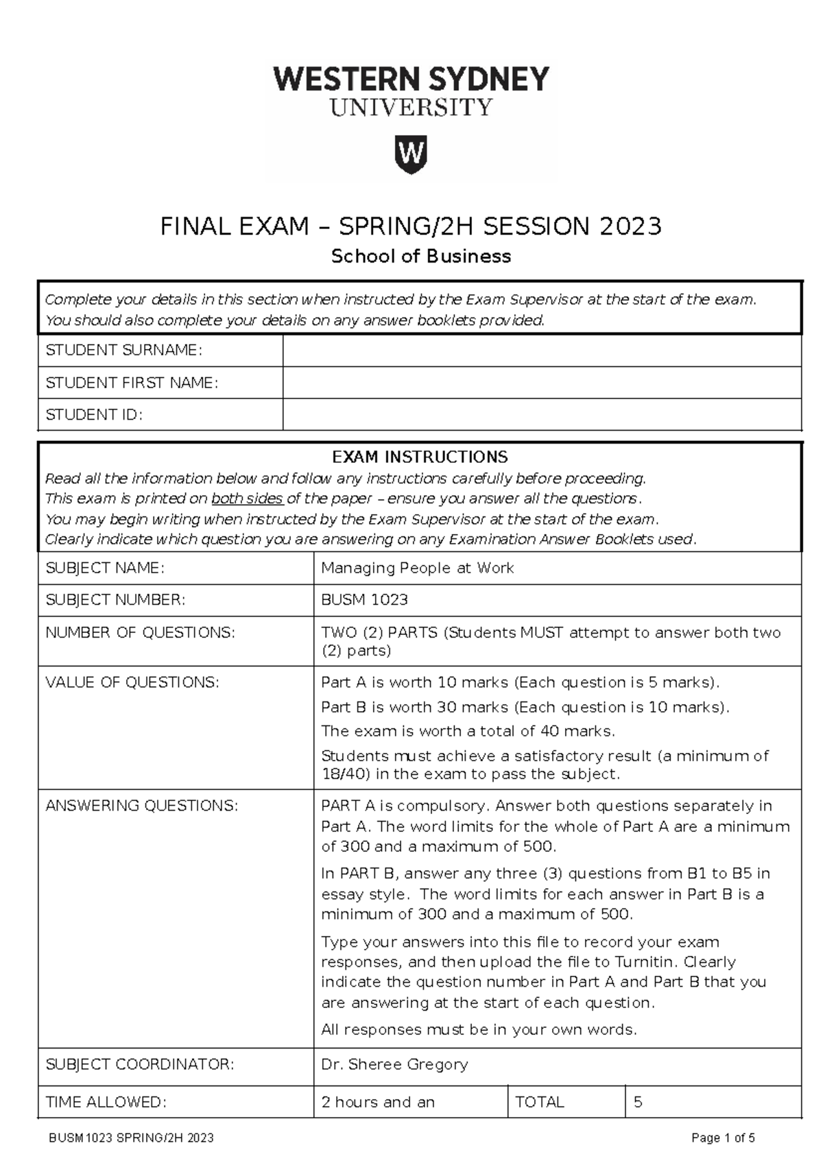 Main Exam Spring 2H 2023 -MPW BUSM1023 approved - FINAL EXAM – SPRING ...