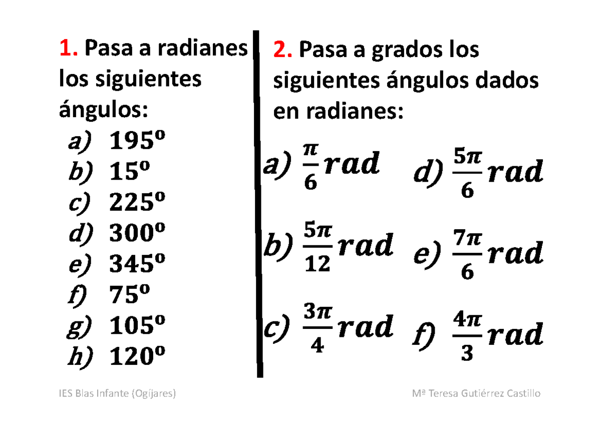 Relación DE Problemas Iniciales - 1. Pasa a radianes los siguientes ...