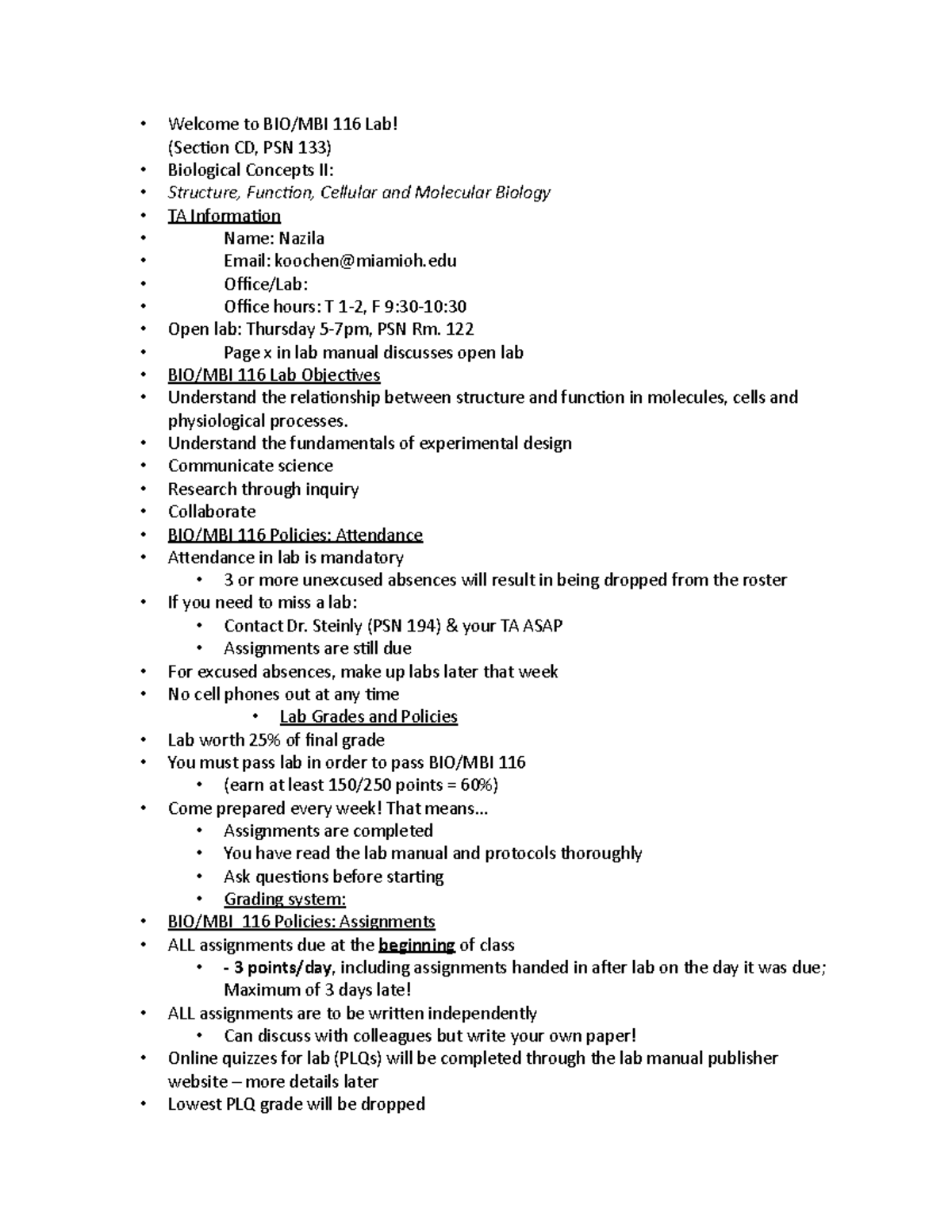 Week 1 Lab 1 - Lecture notes 1 - Welcome to BIO/MBI 116 Lab! (Section ...