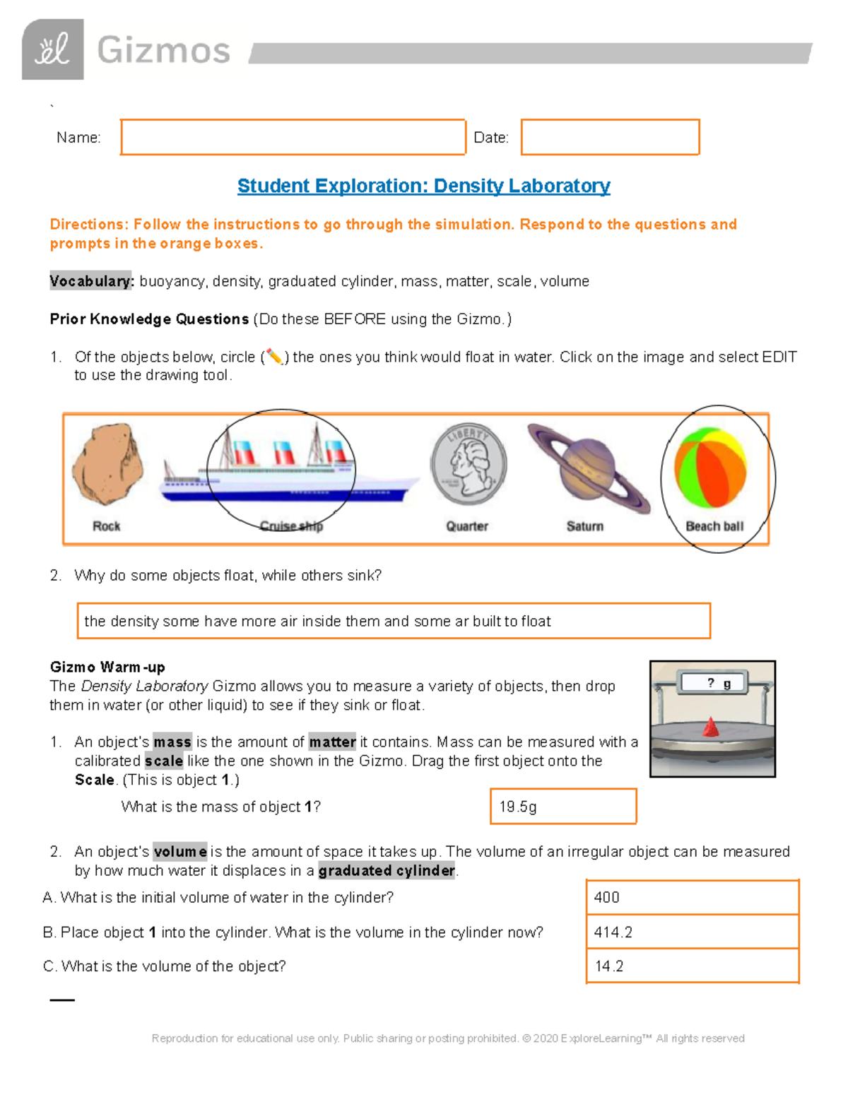 Copy of Density Lab SE - scince class - ` Name: Date: Student ...