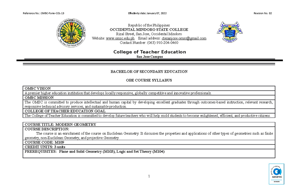 BSEd Syllabus Modern Geometry - Republic of the Philippines OCCIDENTAL ...