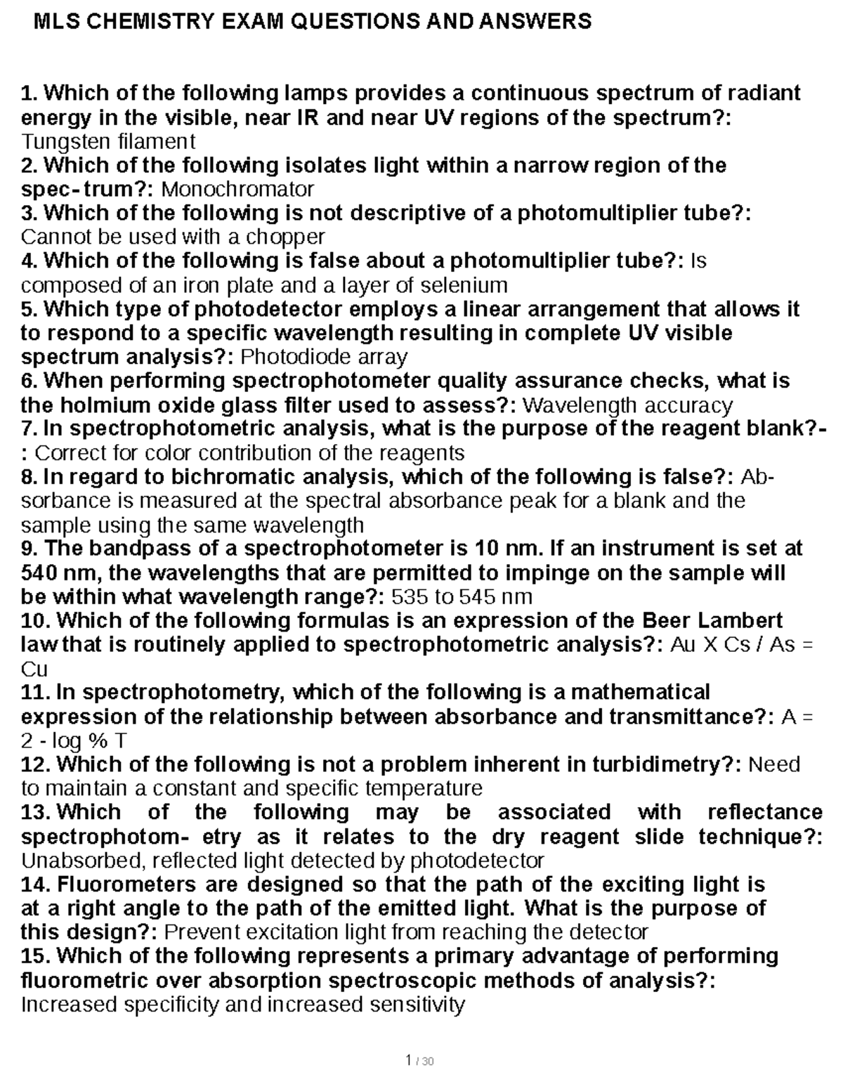 MLS Chemistry EXAM Questions AND Answers - MLS CHEMISTRY EXAM QUESTIONS ...