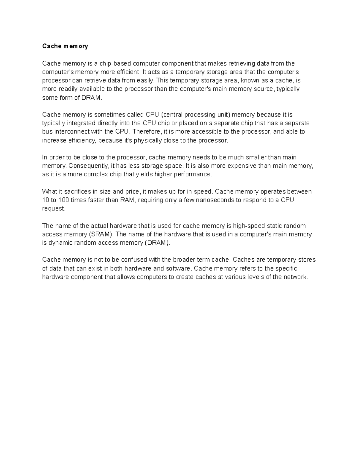 Cache memory - Cache memory Cache memory is a chip-based computer ...