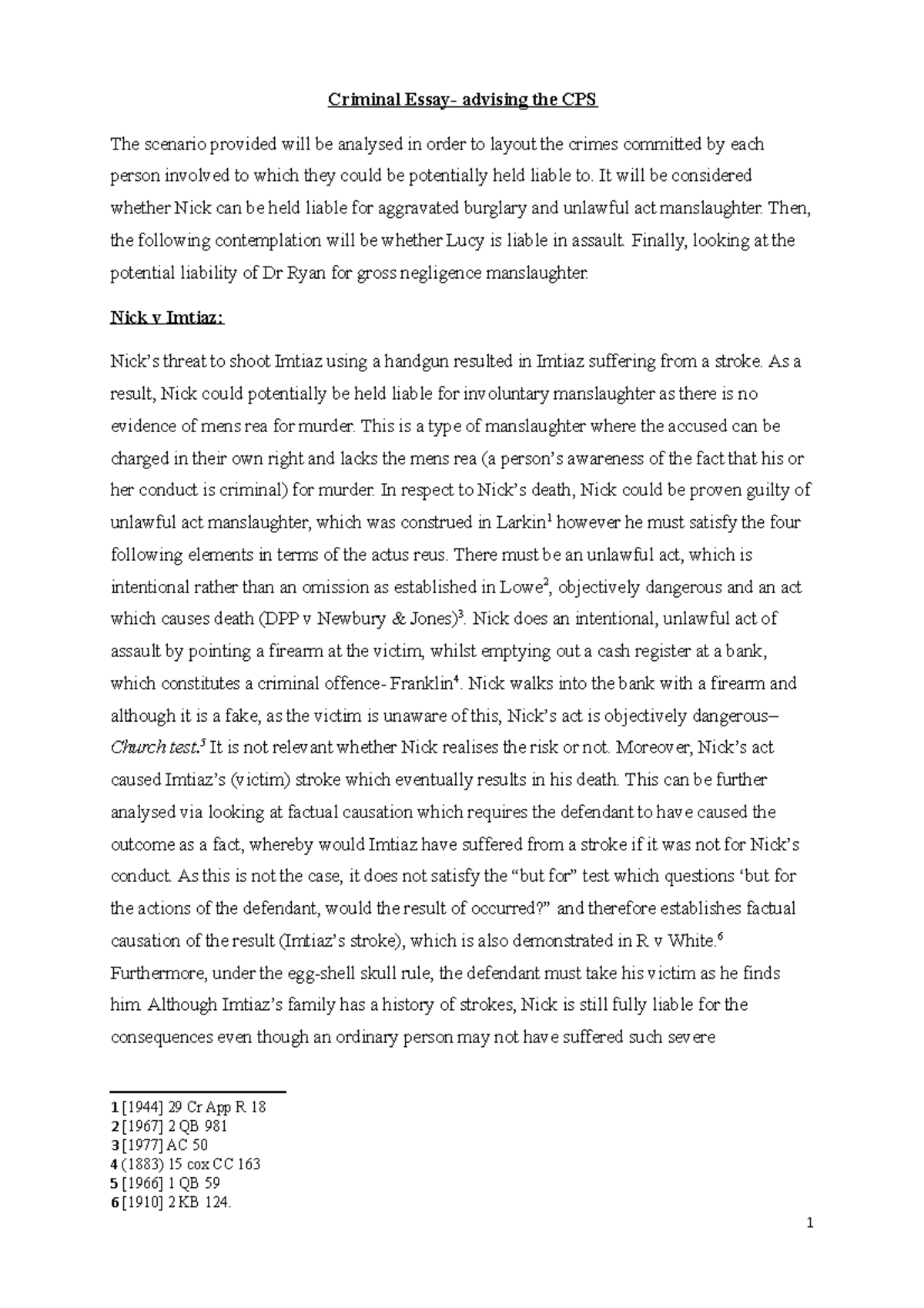 Criminal law essay - Criminal Essay- advising the CPS The scenario ...