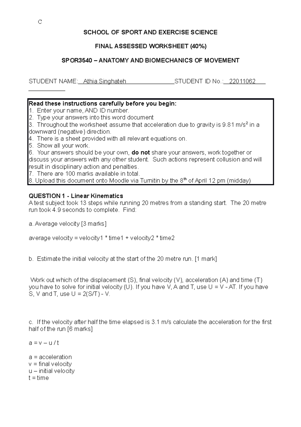 Worksheet - notes and guide - SCHOOL OF SPORT AND EXERCISE SCIENCE ...