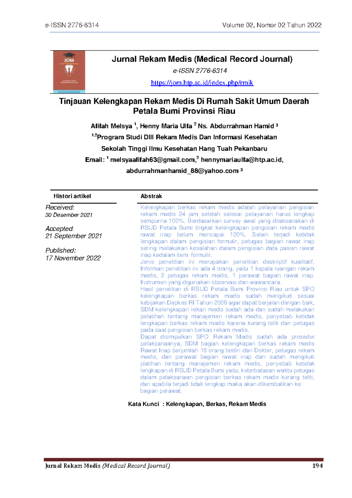 497+article+text - Tugas - Jurnal Rekam Medis (Medical Record Journal) e-ISSN 2776- - Studocu