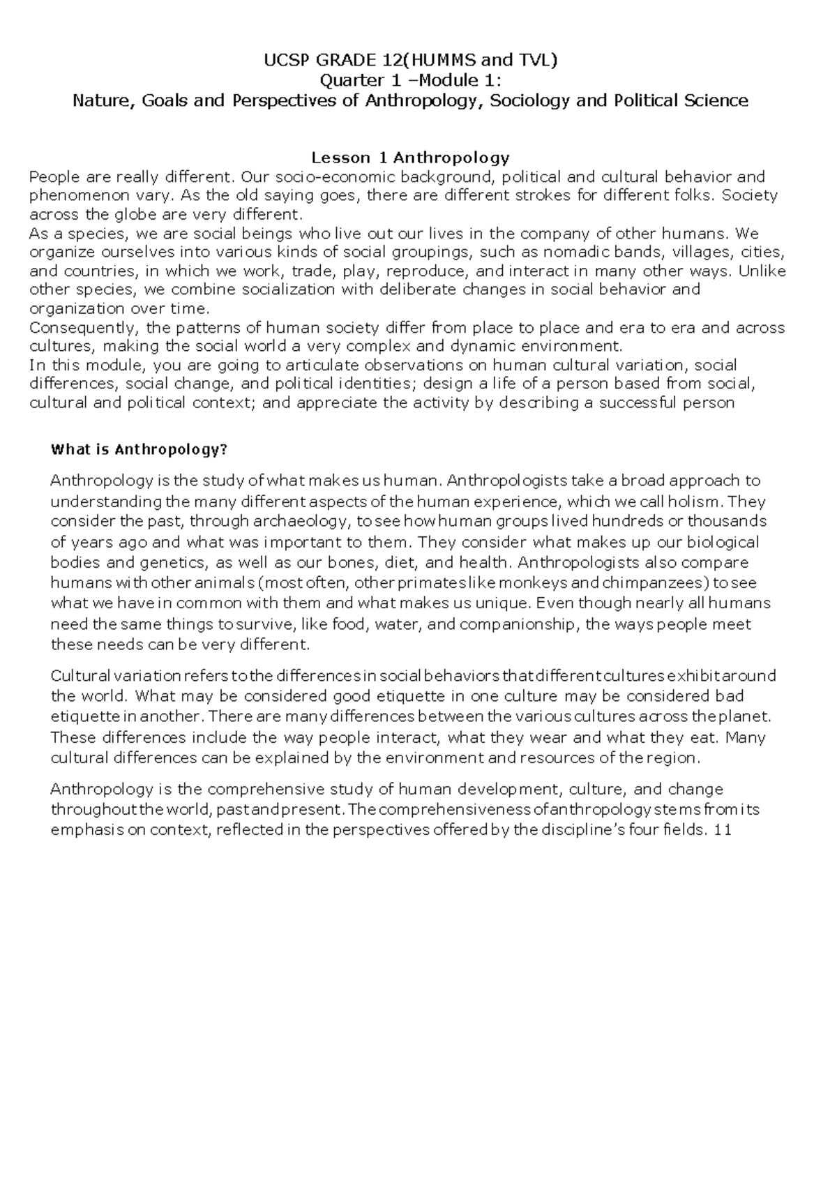 Usp week 1 2022 - hfhzzrz - UCSP GRADE 12(HUMMS and TVL) Quarter 1 ...