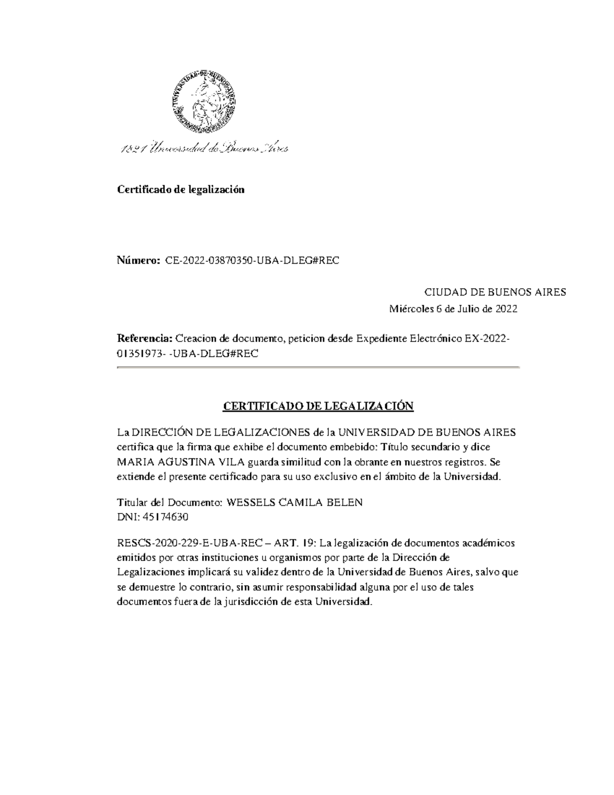 CE 2022 03870350 UBA DLEG#REC - Certificado de legalización Número ...