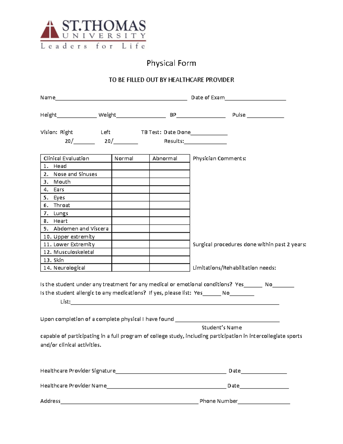 St Thomas Physical Form - Physical Form TO BE FILLED OUT BY HEALTHCARE ...
