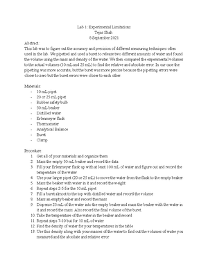 Lab 3 - Analysis of Hydrogen Peroxide Lab - Procedure/methods- 1 ...