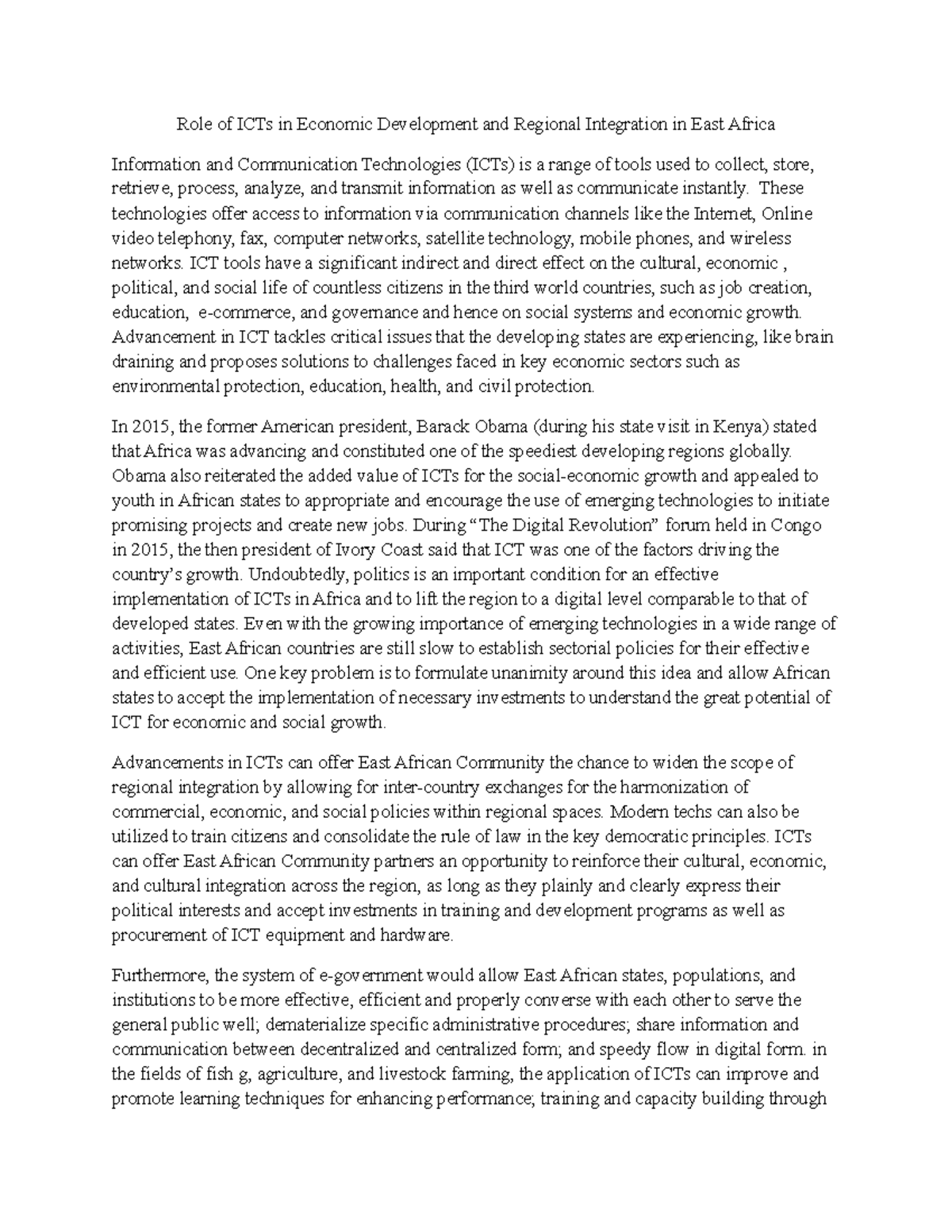Role of ICTs in Economic Development and Regional Integration in East ...
