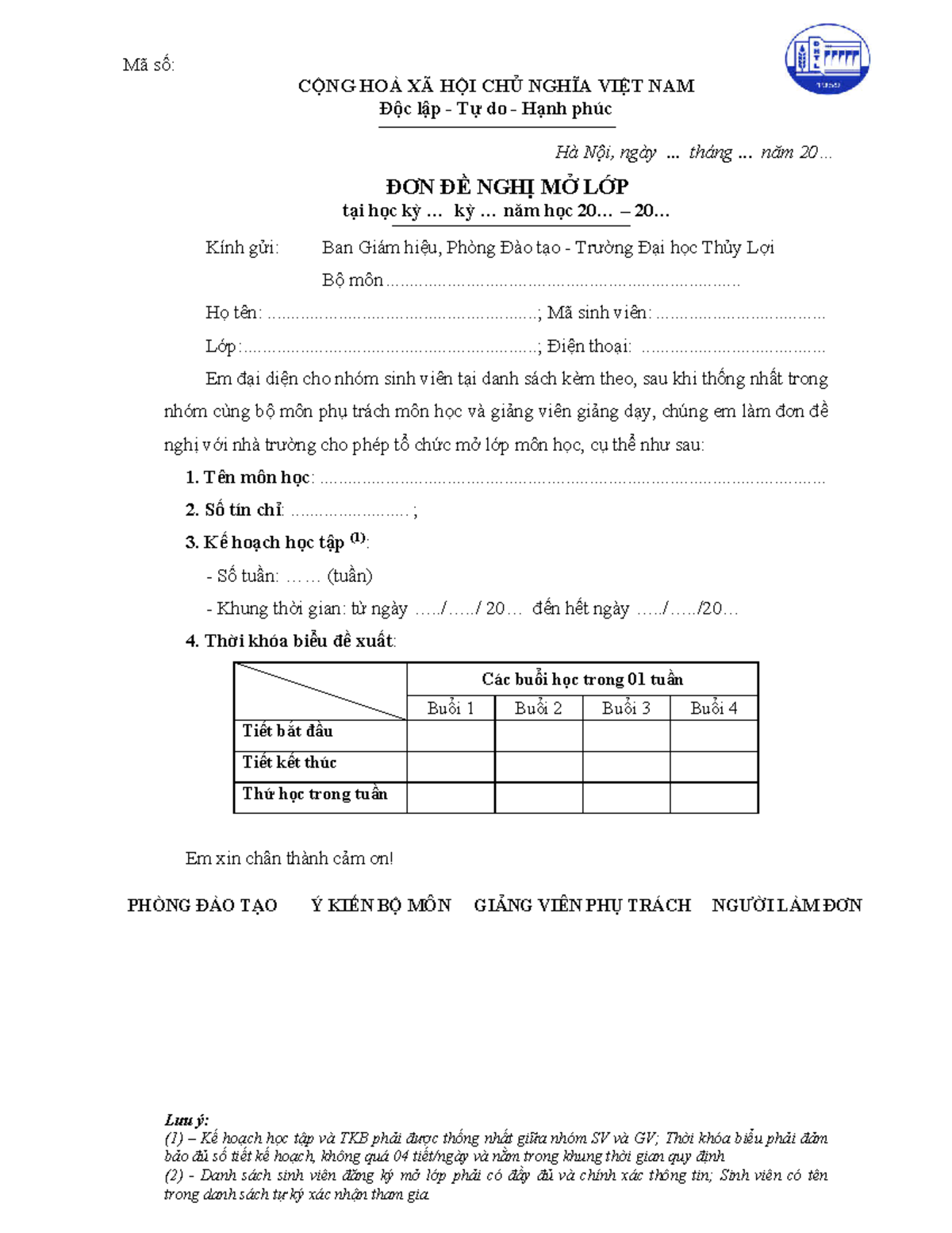 Mau Don Mo Lop - good job - Mã số: Lưu ý: (1) – Kế hoạch học tập và TKB ...