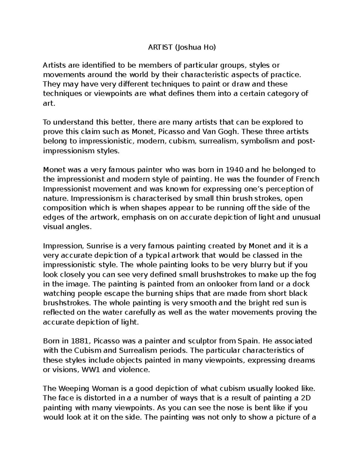 Visual Arts Work - ARTIST (Joshua Ho) Artists are identified to be ...