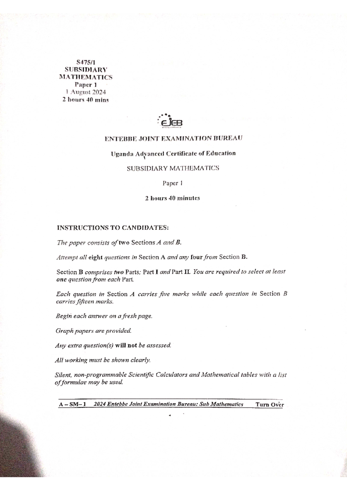 Sub math EJEB 2024 - Sample paper - SUBSIDIARY MATHEMATICS Paper 1 1 ...
