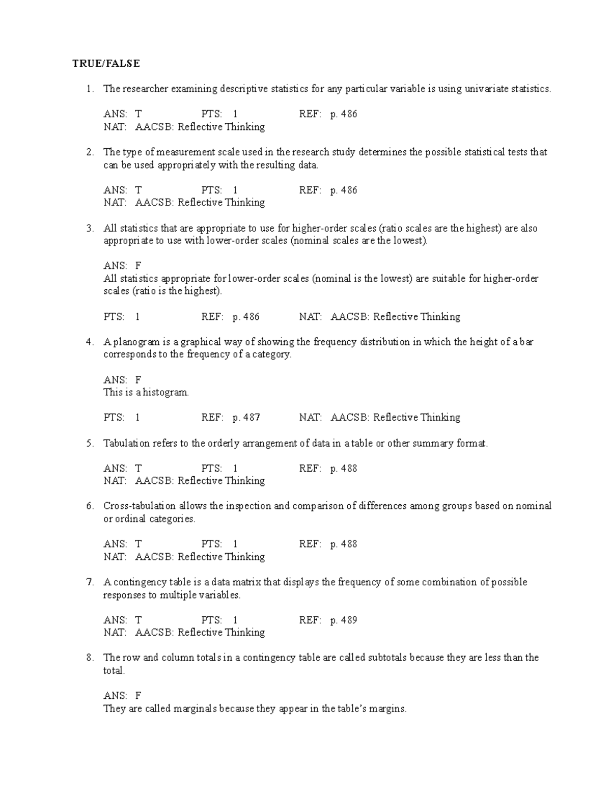 Chapter 20—Basic Data Analysis Descriptive Statistics-True and False ...