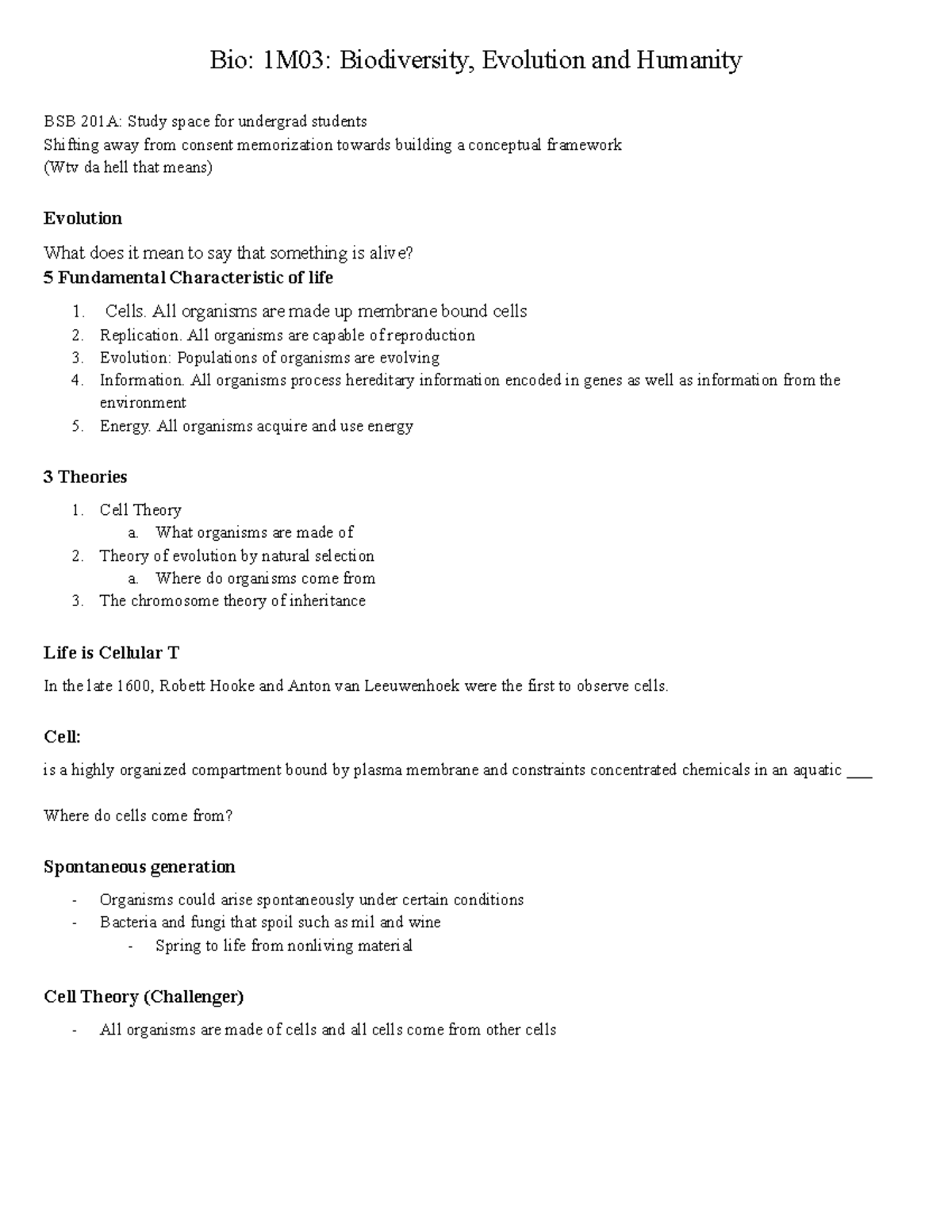 Bio Lec Notes - bio 1m03 - McMaster - Studocu