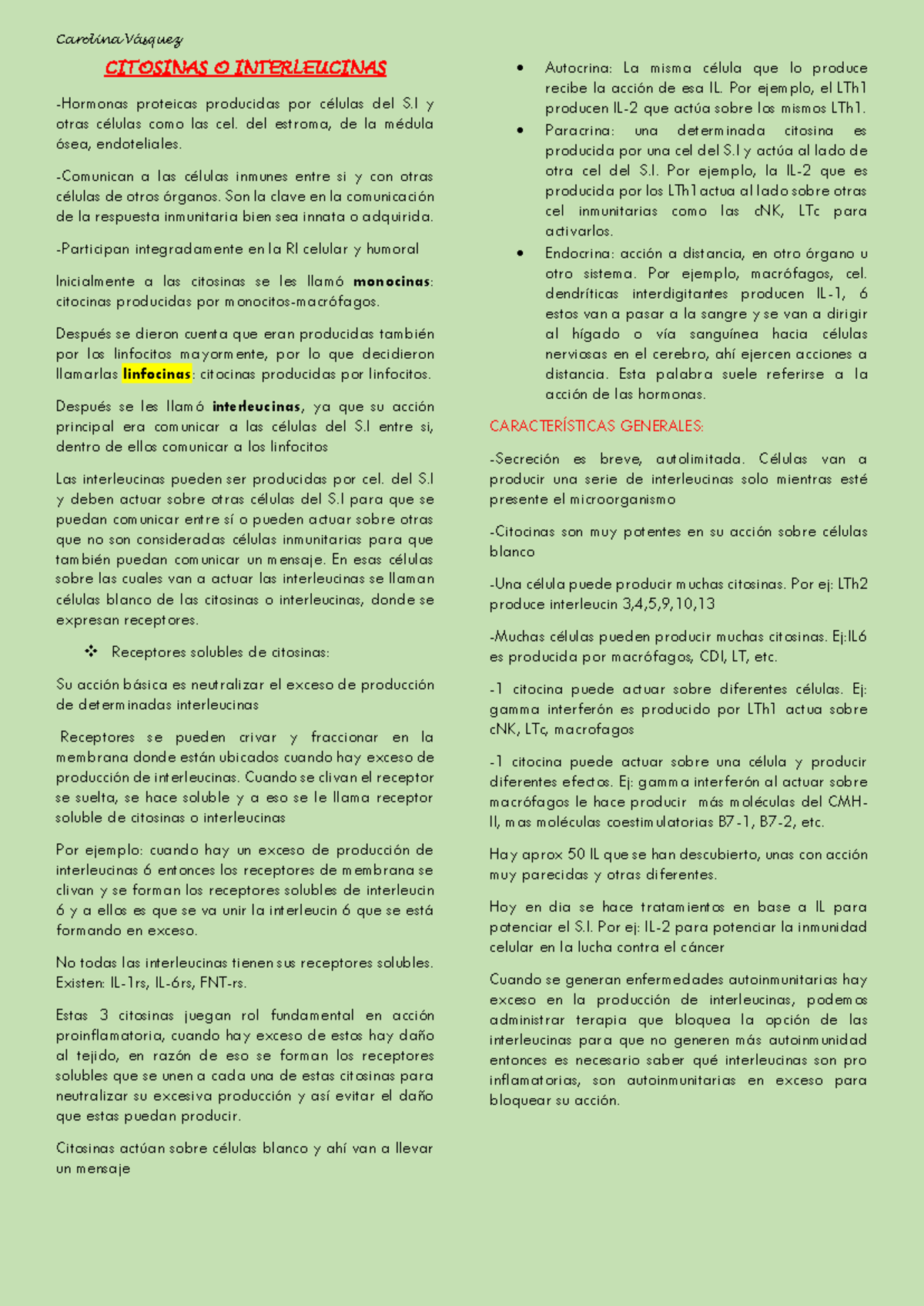 Segunda FASE - apuntes - CITOSINAS O INTERLEUCINAS Hormonas proteicas ...