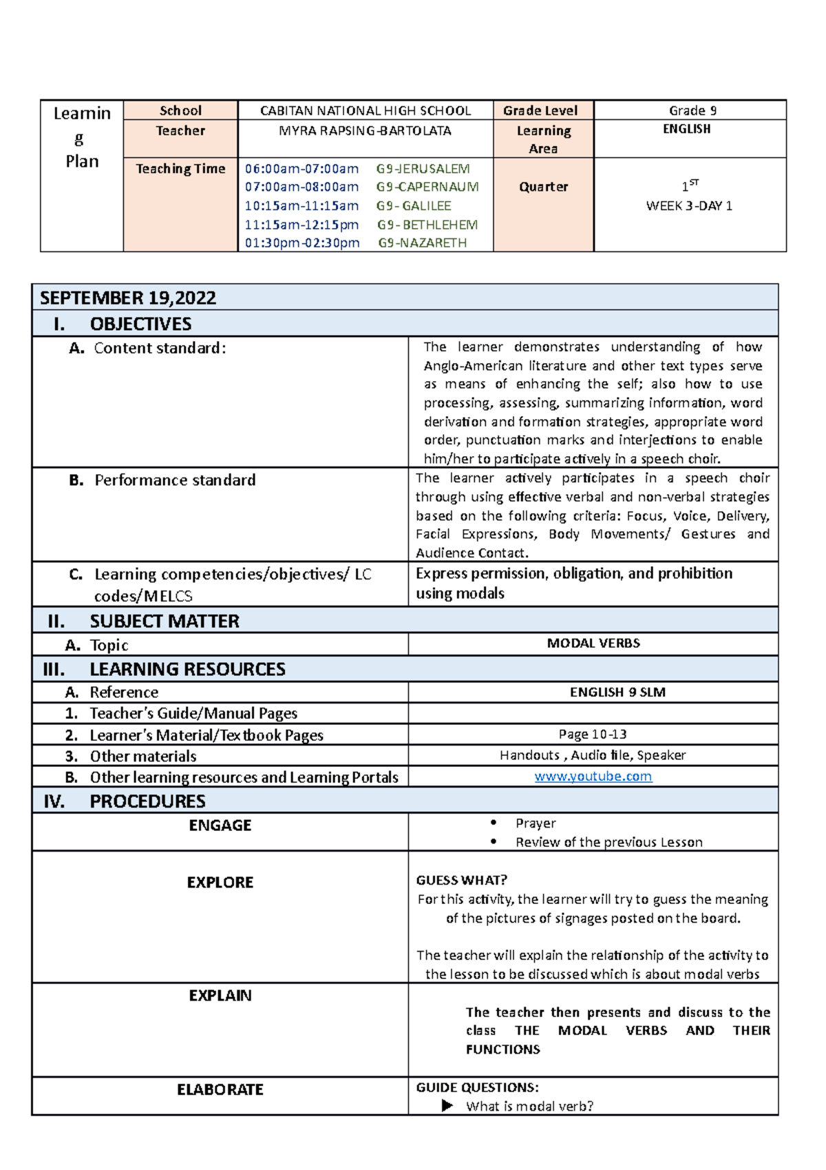 Modals 0904 - Learnin g Plan School CABITAN NATIONAL HIGH SCHOOL Grade ...