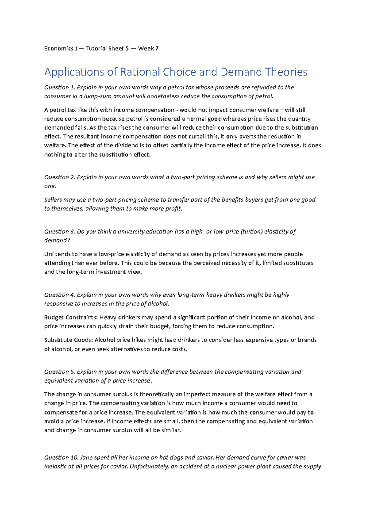 Economics 1— Tutorial Sheet 5 — Week 7 - Economics 1— Tutorial Sheet 5 — Week 7 Applications of ...