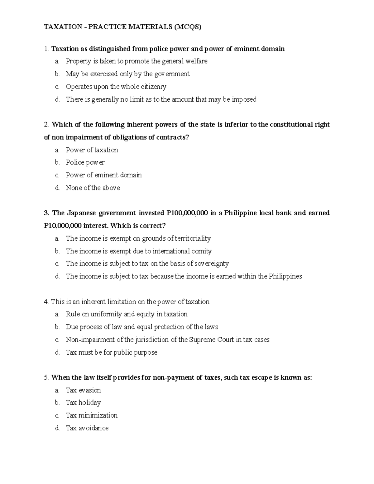 Taxation - Practice Materials (MCQs) - Taxation as distinguished from ...