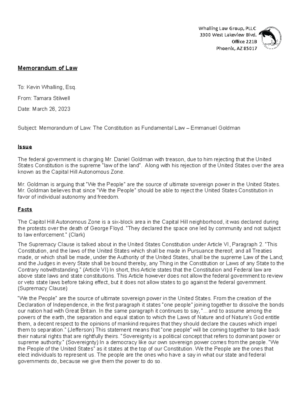 Memorandum of Law The Constitution as Fundamental Law - Whalling Law ...