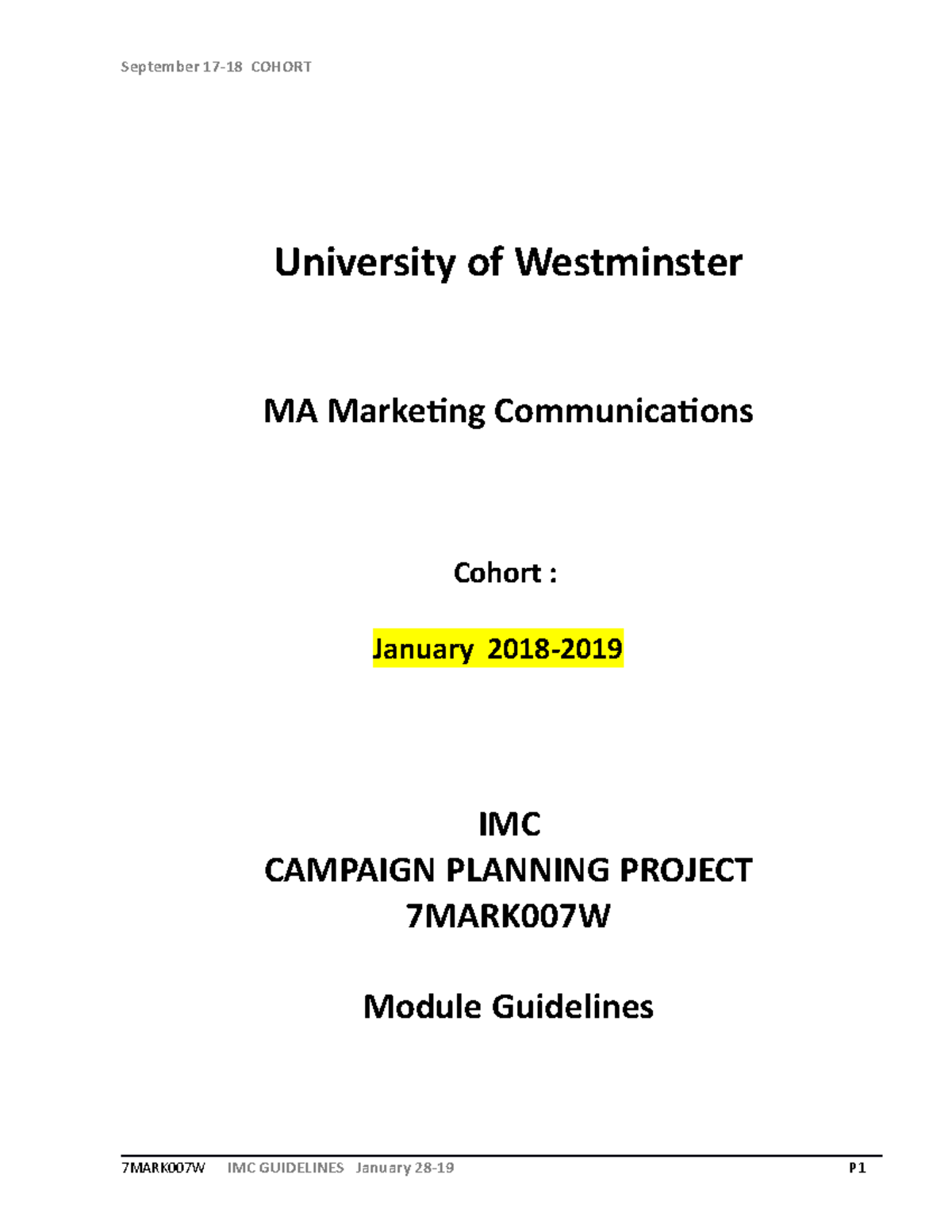 Module Handbook 7MARK007 IMC Project Jan 18 - University of Westminster ...