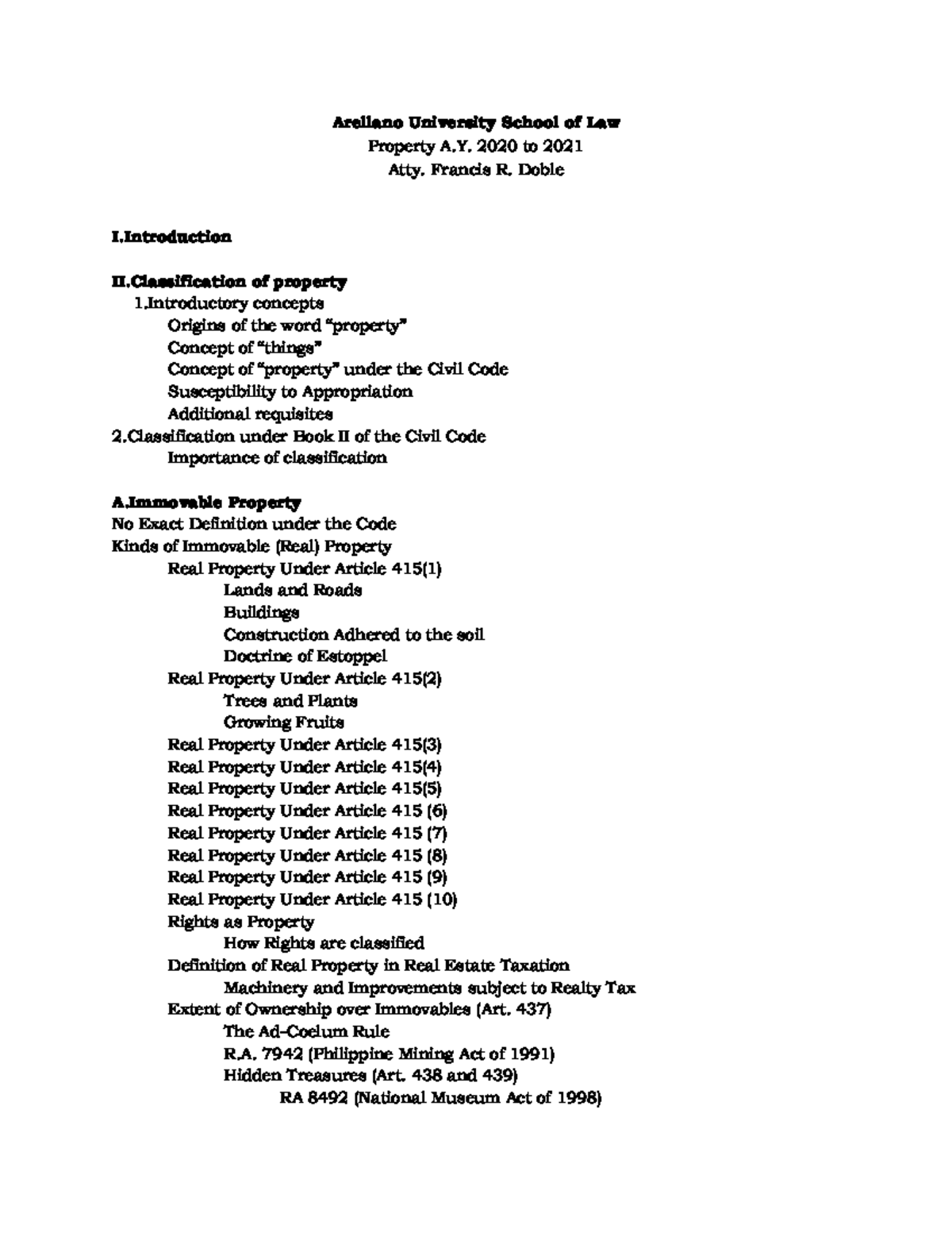 Course-Outline-Property - Arellano University School of Law Property A ...