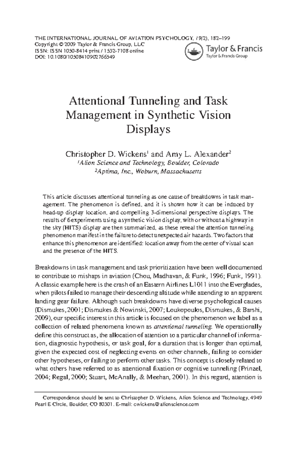 Wickens 和 Alexander - 2009 - Attentional Tunneling and Task Management ...