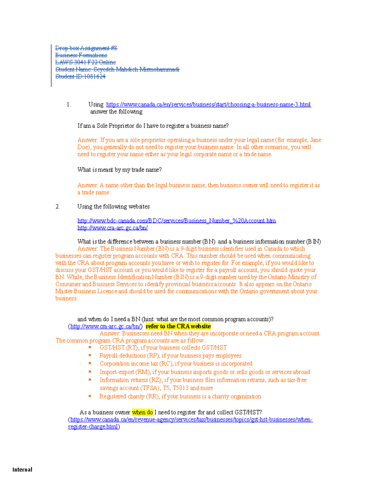 Assignment 8 - Business Formations F22 online - Internal Drop box Assignment # Business ...
