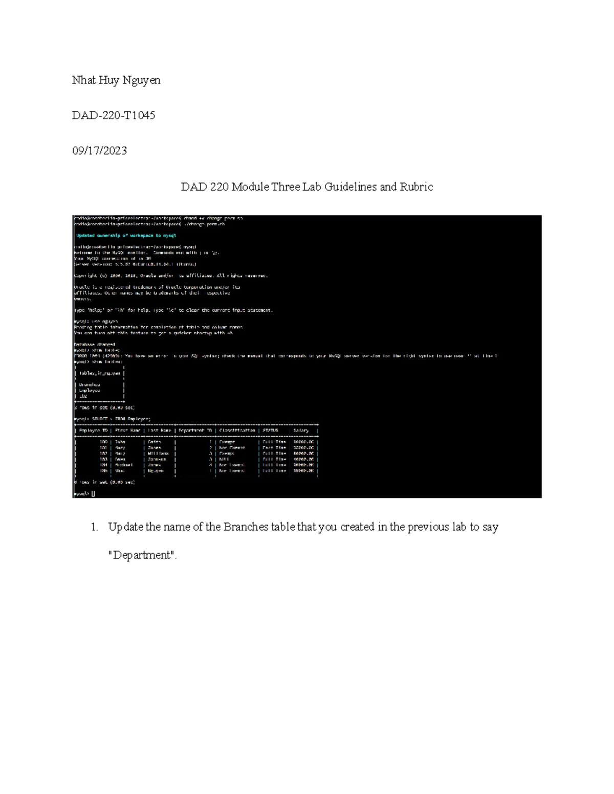 Ass3 - test - Nhat Huy Nguyen DAD-220-T 09/17/ DAD 220 Module Three Lab ...