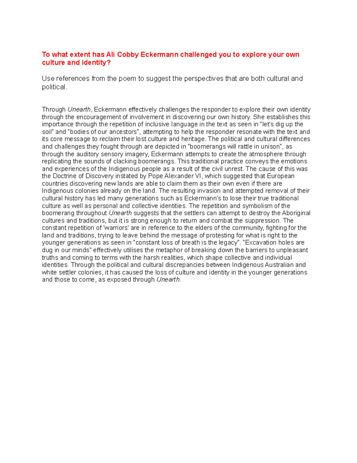 Unearth ACE Paragraph - To what extent has Ali Cobby Eckermann challenged you to explore your ...