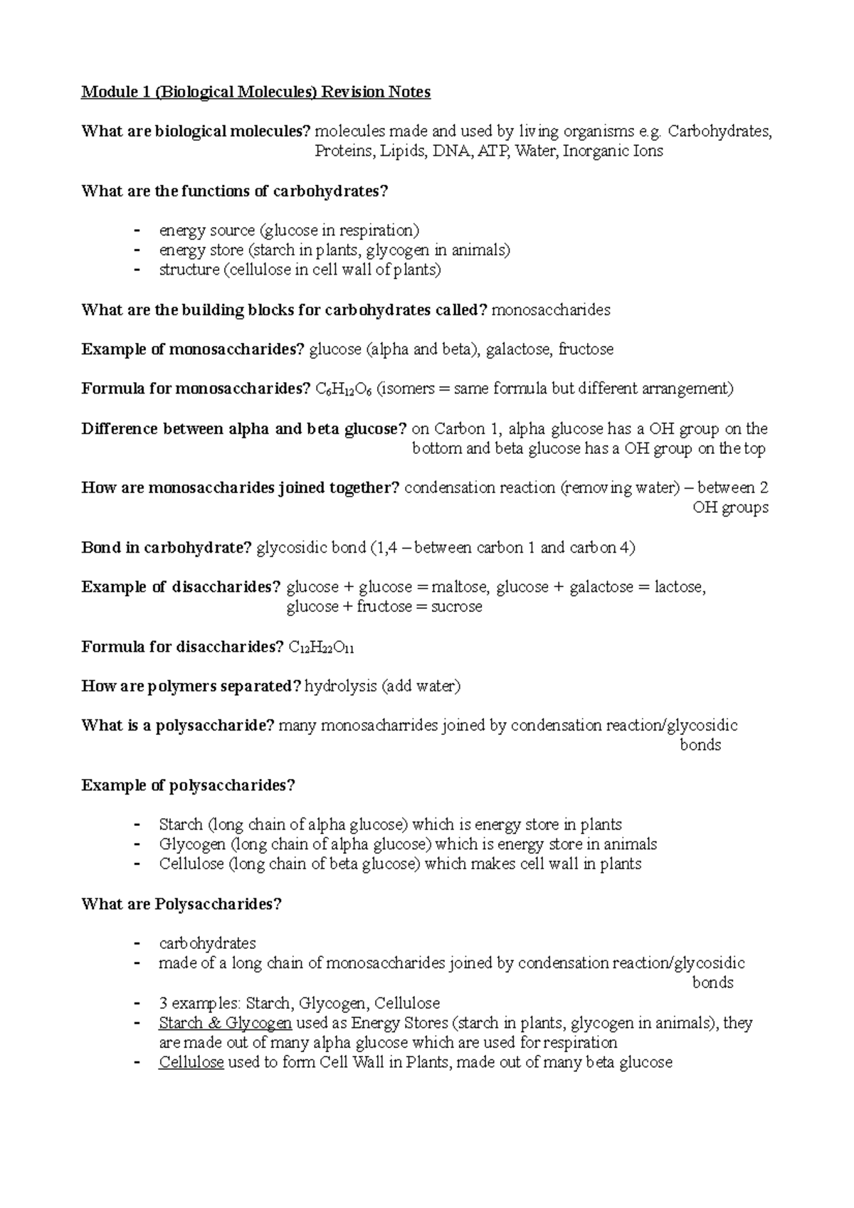 AQA Module 1 Revision Notes - Module 1 (Biological Molecules) Revision ...