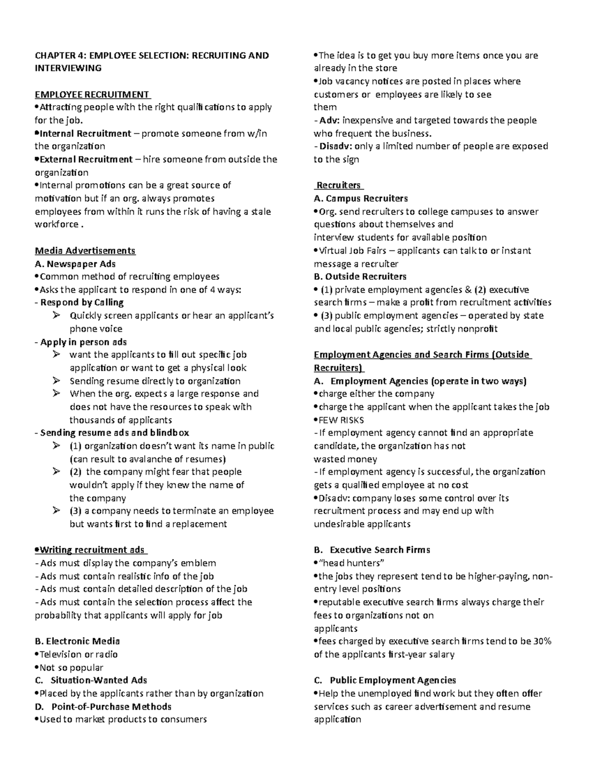 Chapter 4 I.O summary - CHAPTER 4: EMPLOYEE SELECTION: RECRUITING AND INTERVIEWING EMPLOYEE ...