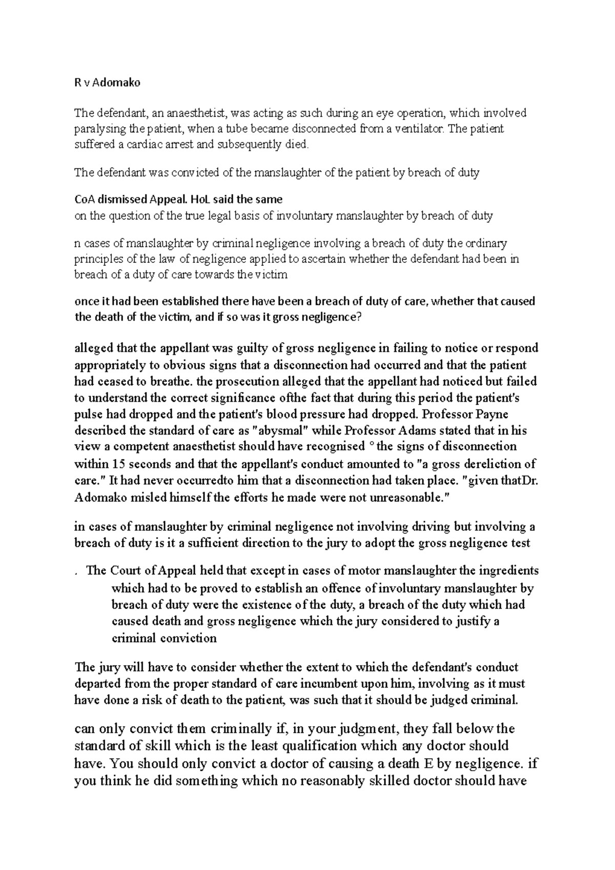 R v Adomako - case summary - R v Adomako The defendant, an anaesthetist ...
