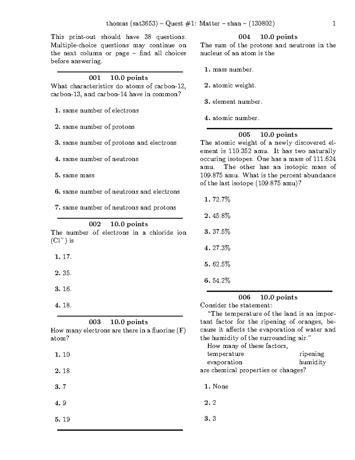 Quest #1 Matter-problems - This print-out should have 38 questions ...