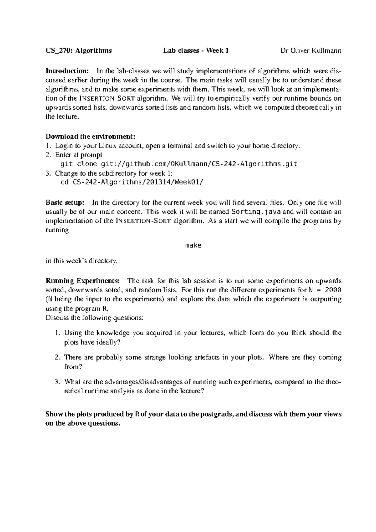 Lab1 Week 1 Cs 270 Algorithms Lab Classes Week 1 Dr Oliver Kullmann Introduction In The