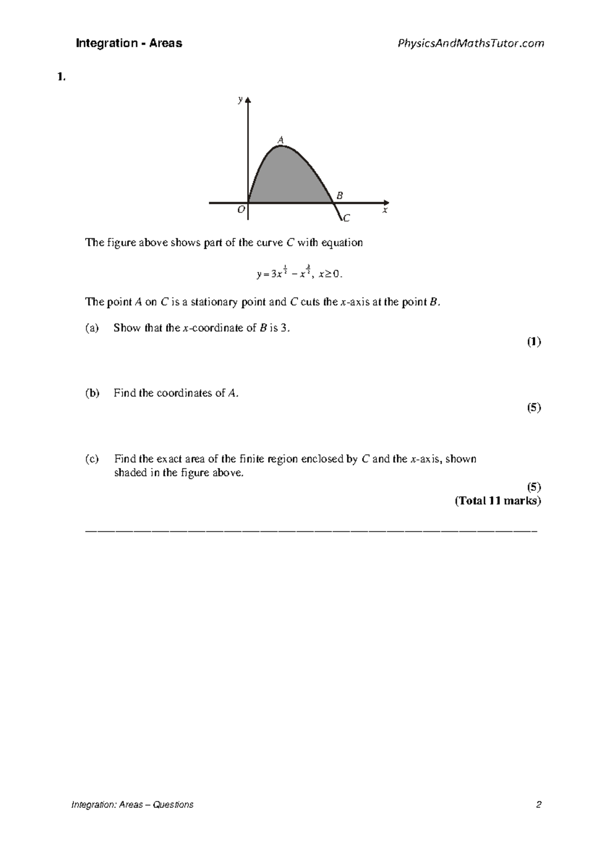 Finding Areas using Integration 1 - Integration: Areas – Questions 2 1 ...