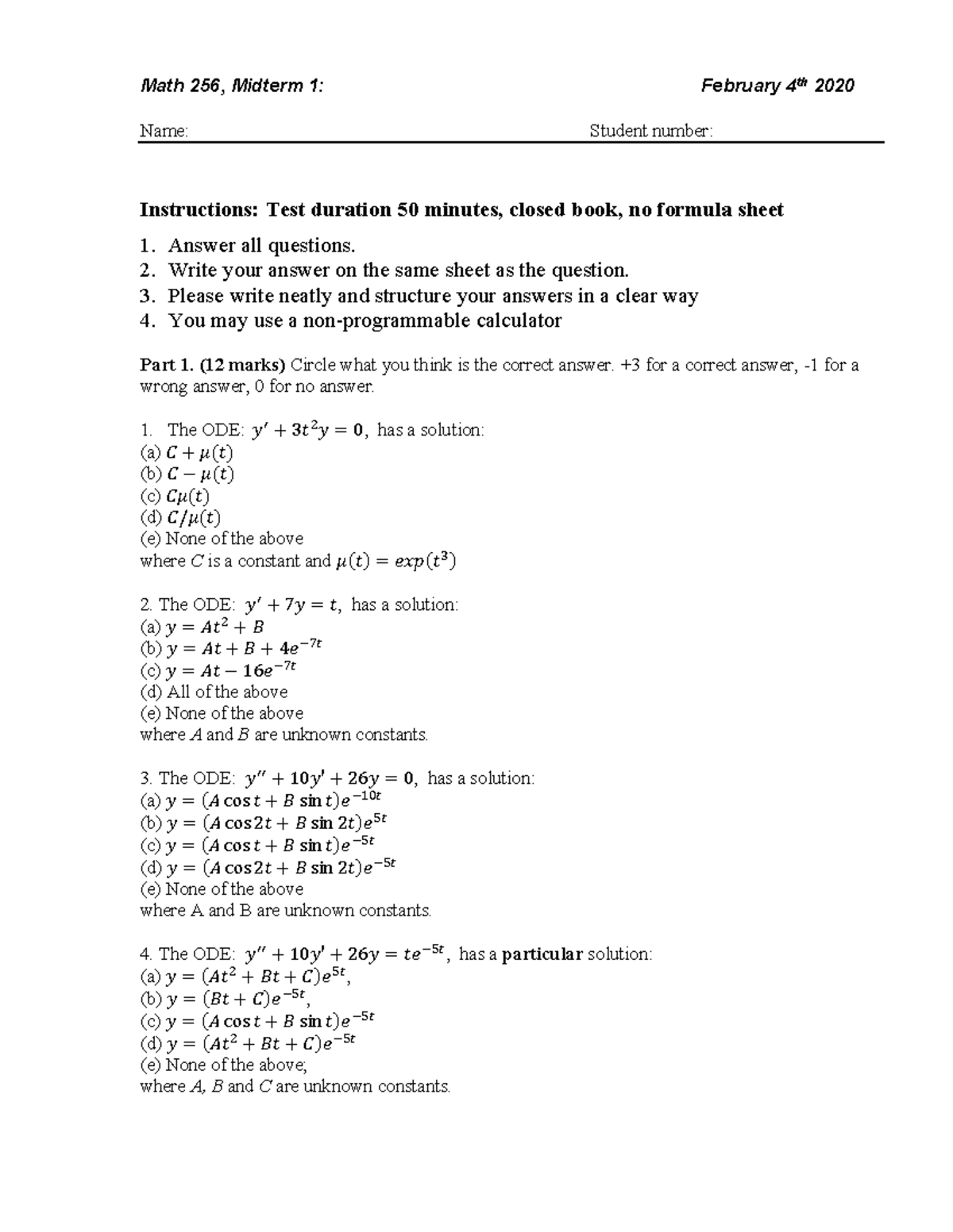Math256 201 midterm 1 - Math 256, Midterm 1: February 4 2020 Name ...