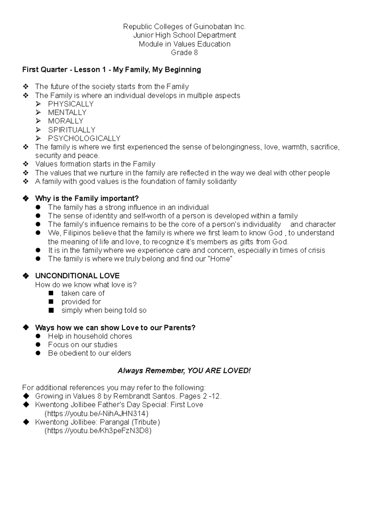 First Quarter - Values 8 - Junior High School Department Module in Values Education Grade 8 ...