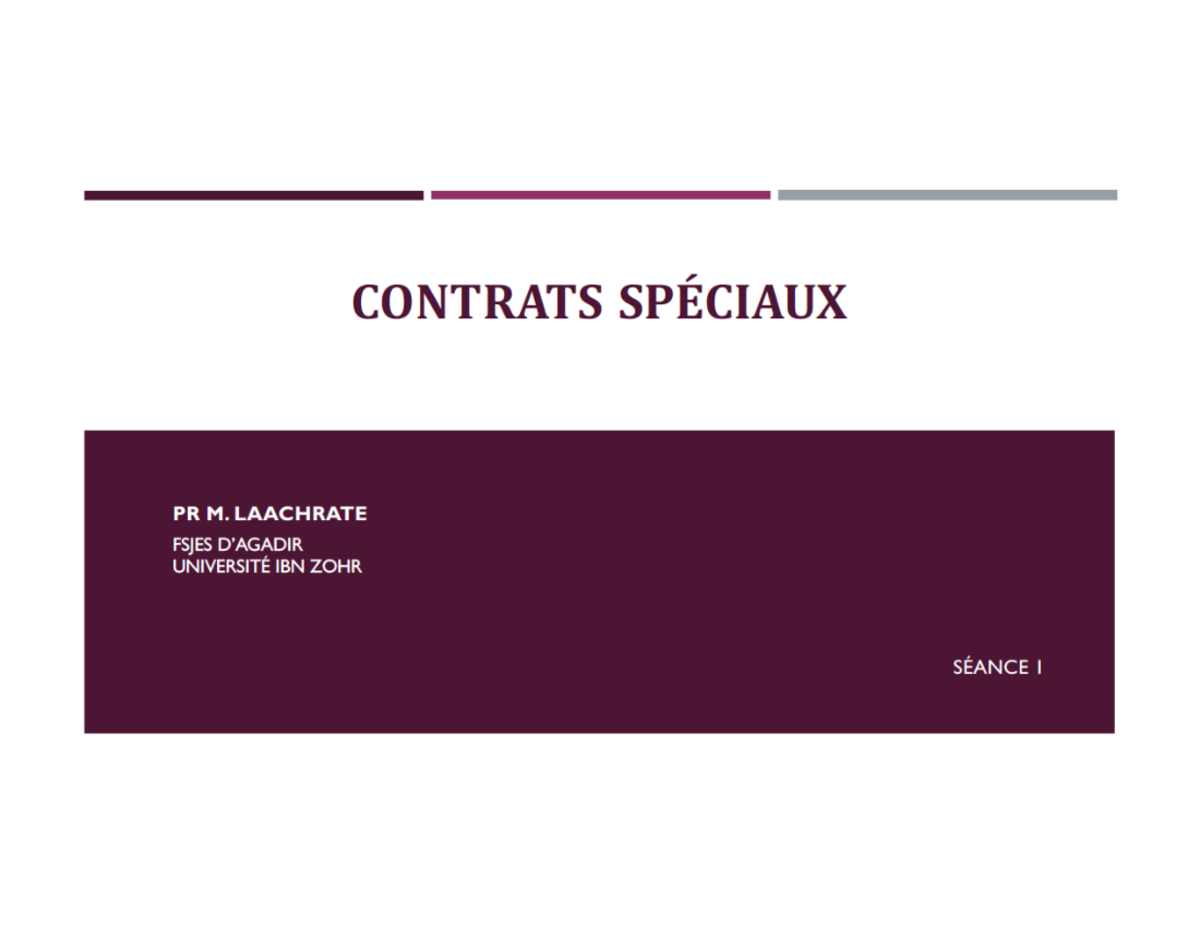 Contrats speciaux pdf séances 1-8 - droit langue française - Studocu