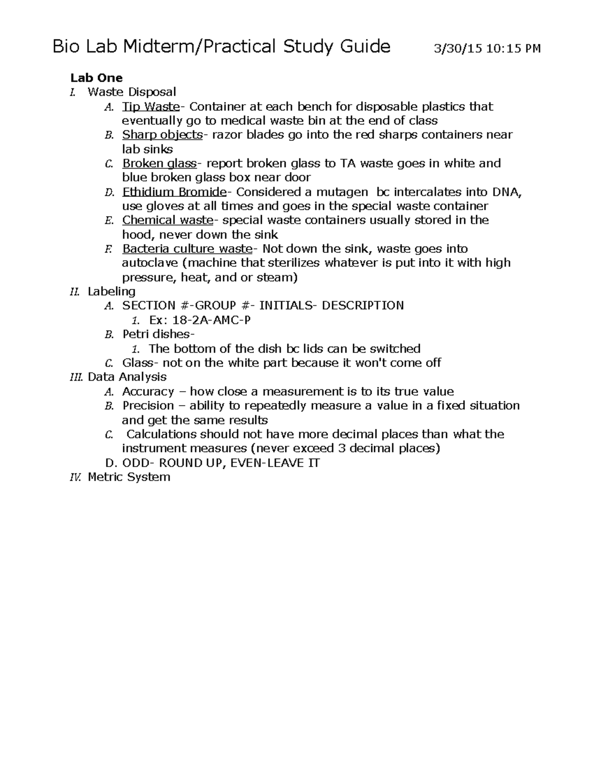 Bio Lab Midterm - Bio Lab Midterm/Practical Study Guide 3/30/15 10:15 ...