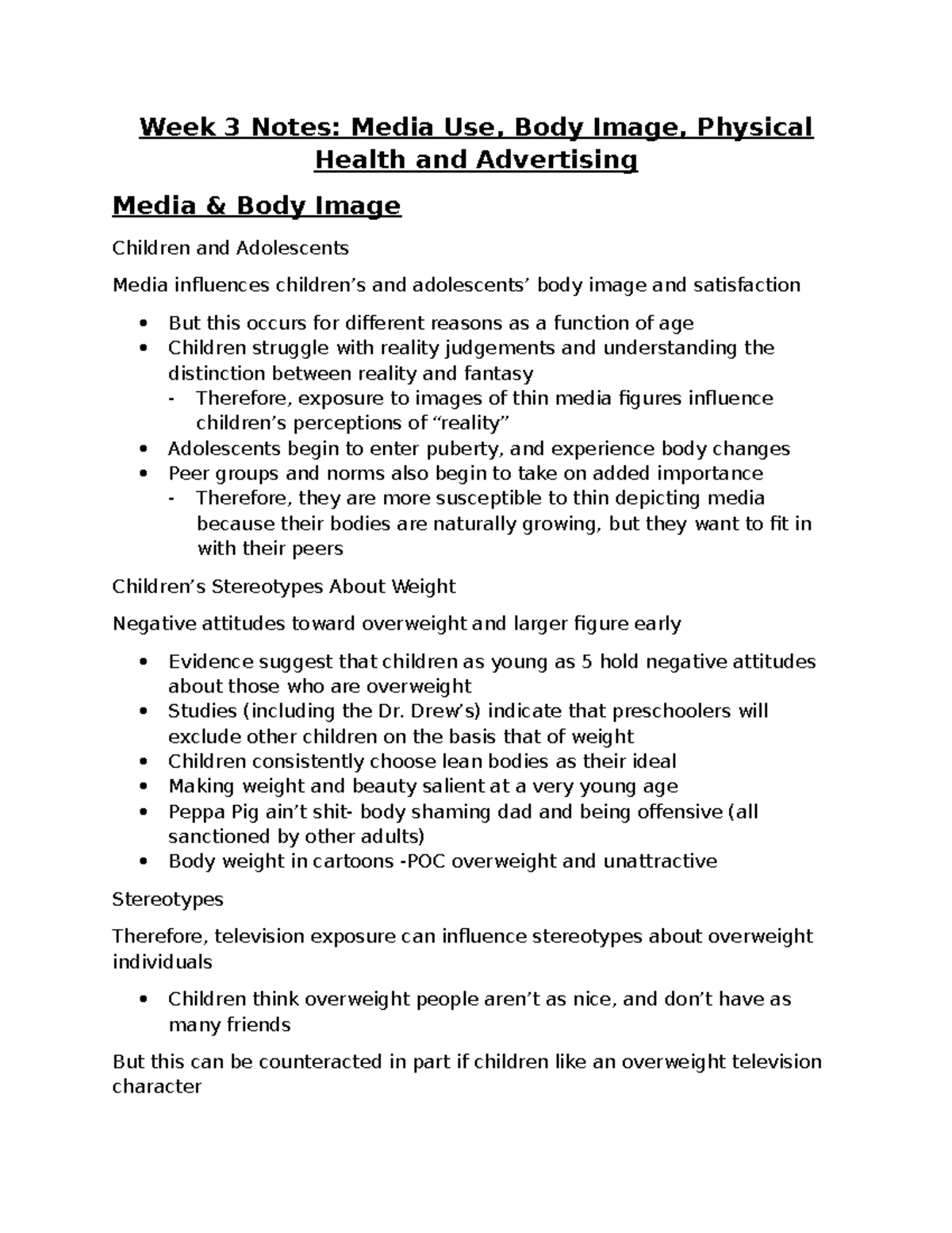 Week 3 Notes - Week 3 Notes: Media Use, Body Image, Physical Health and ...