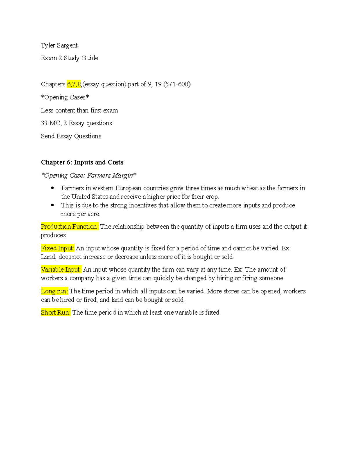 Chapters 5-10 Study Guide - Tyler Sargent Exam 2 Study Guide Chapters 6 ...