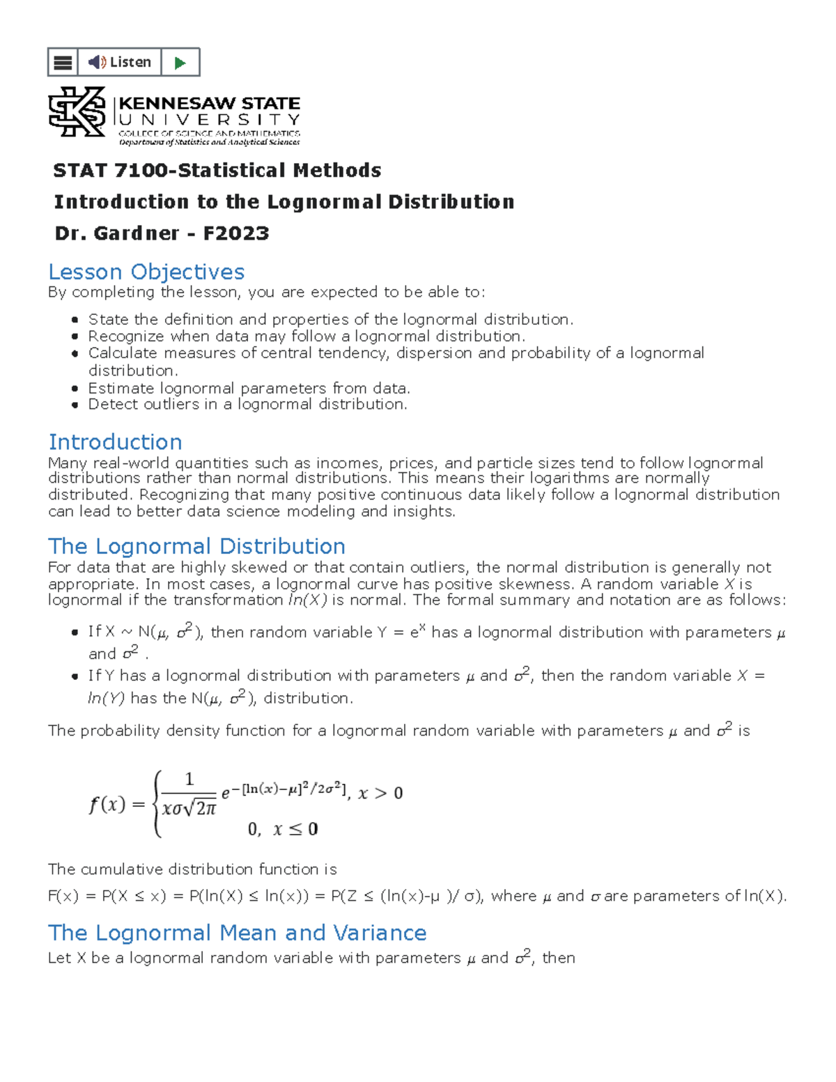 Introduction to the Lognormal Distribution - F2023 - Statistical Methods Section 01 Fall ...