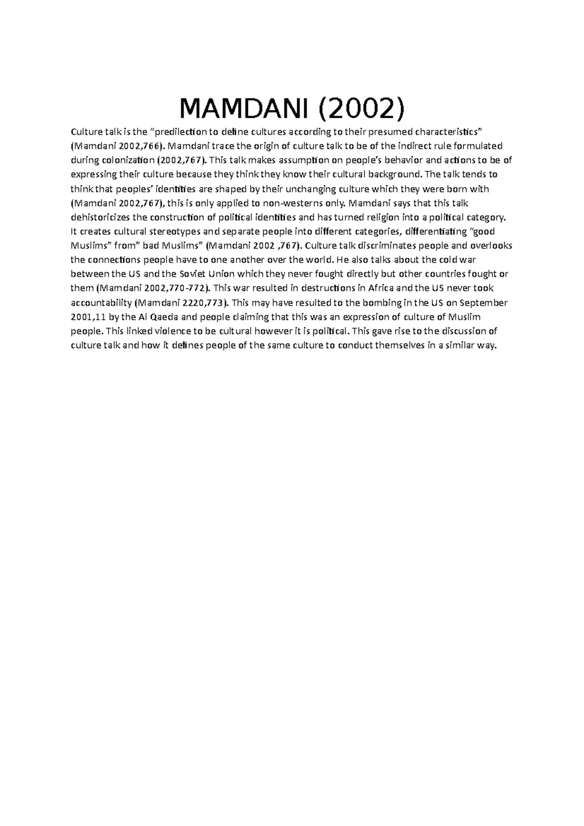 Mamdani 2002 - culture - MAMDANI (2002) Culture talk is the ...